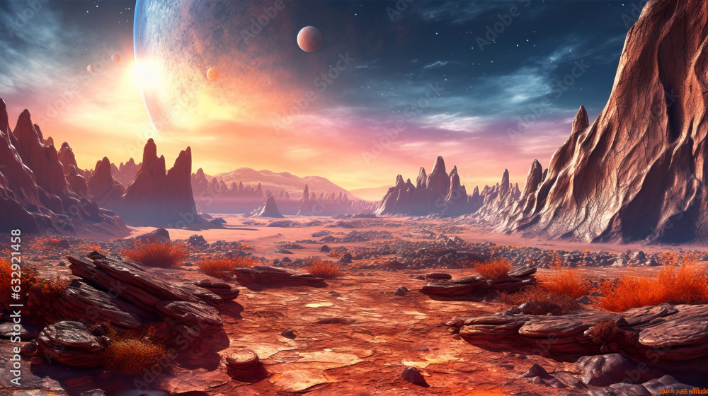 Retro futuristic Sci-fi wallpaper. Alien planet landscape. Breathtaking panorama of a desert ...