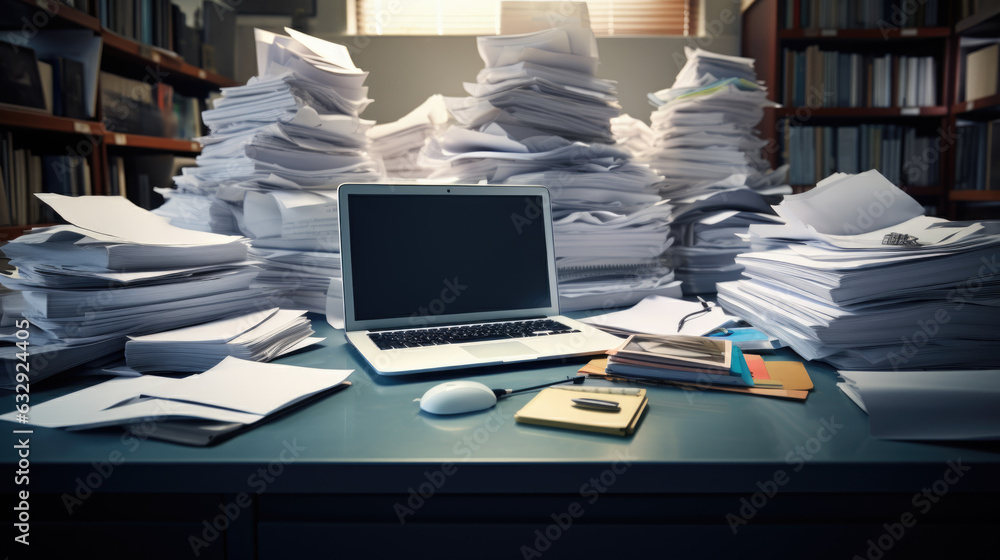 Stack of documents with pc lying on the office desk.Created with ...