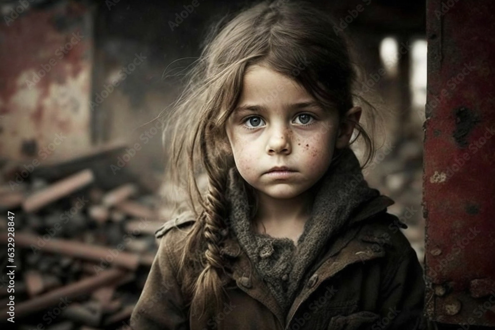 Sad little child girl in a devastated war torn zone or city. Warfare ...
