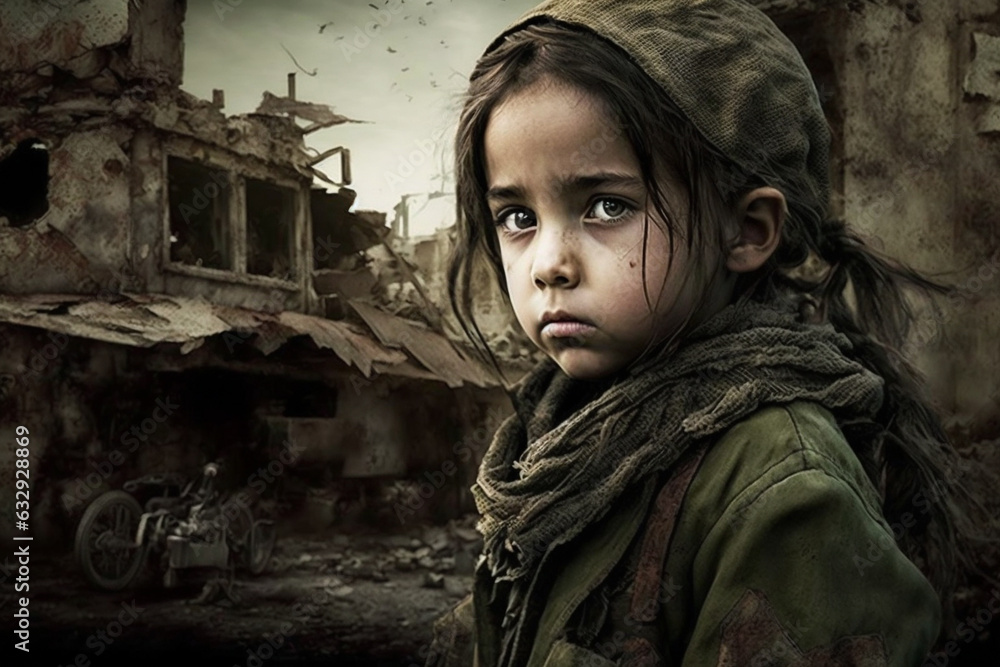 Sad little child girl in a devastated war torn zone or city. Warfare ...