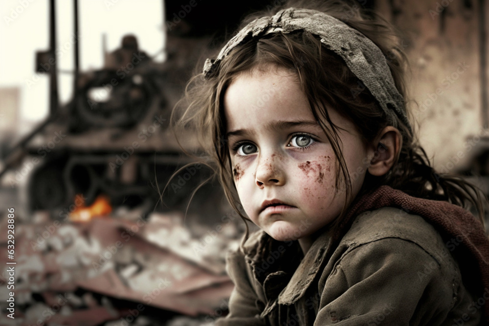 Sad little child girl in a devastated war torn zone or city. Warfare ...