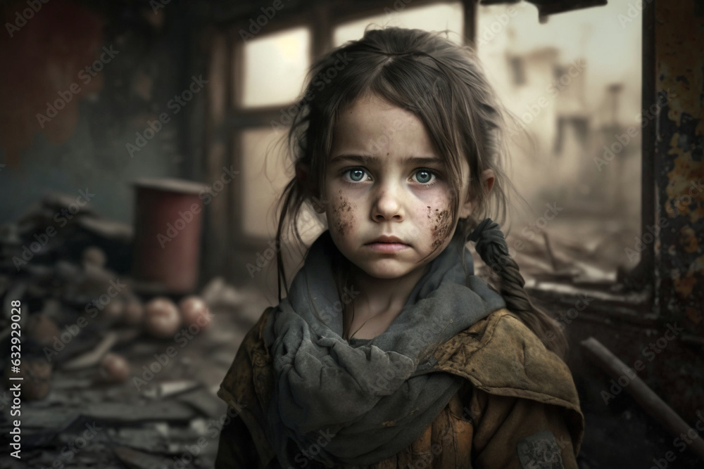 Sad little child girl in a devastated war torn zone or city. Warfare ...