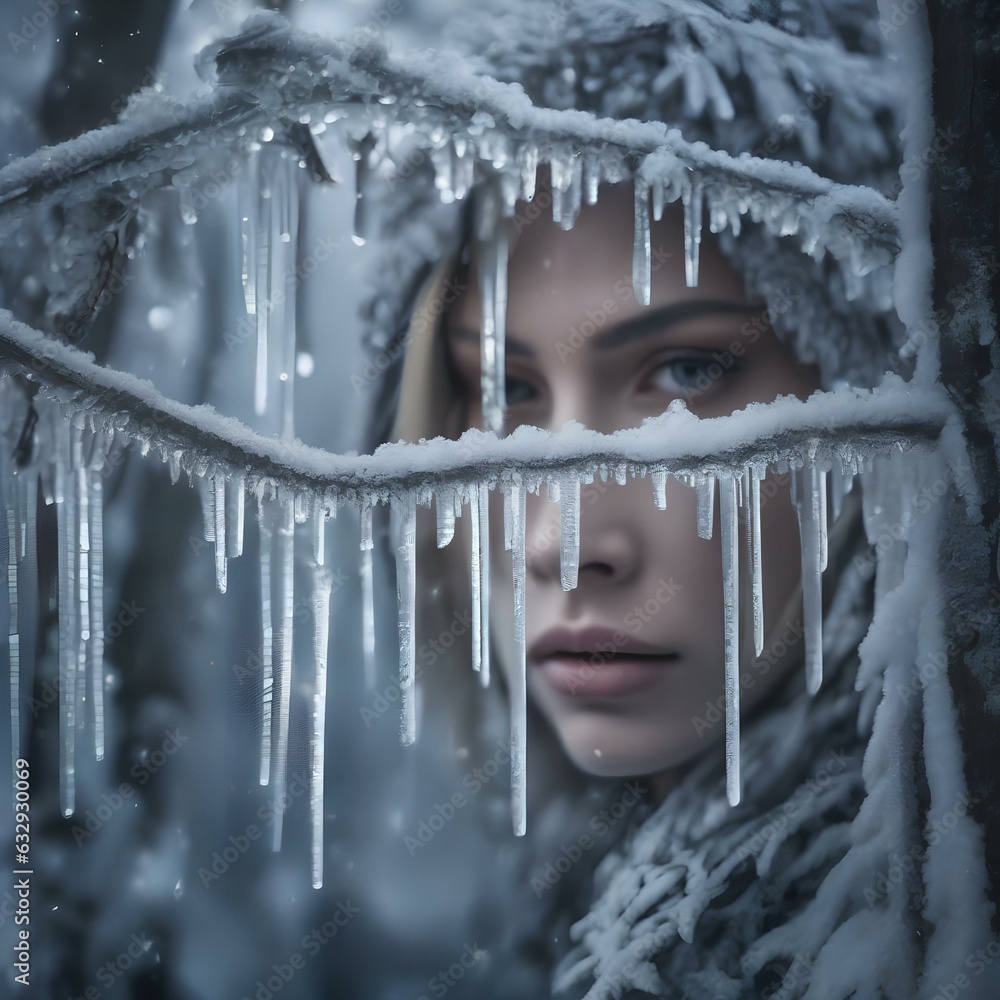 A portrait of a person with a crown of icicles and frost, representing ...