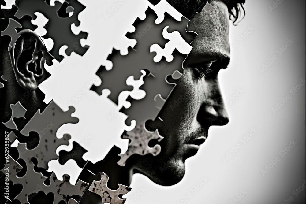 person in black and white with puzzle pieces, Illustration of a man's profile, the image is ...