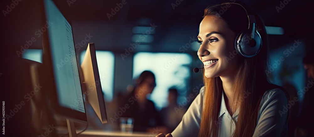 Call center women offer attentive service, smiling. Office ambiance ...