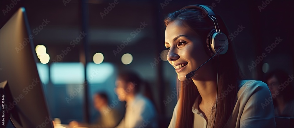 Women in call center offer service with smiles. Office ambiance ...
