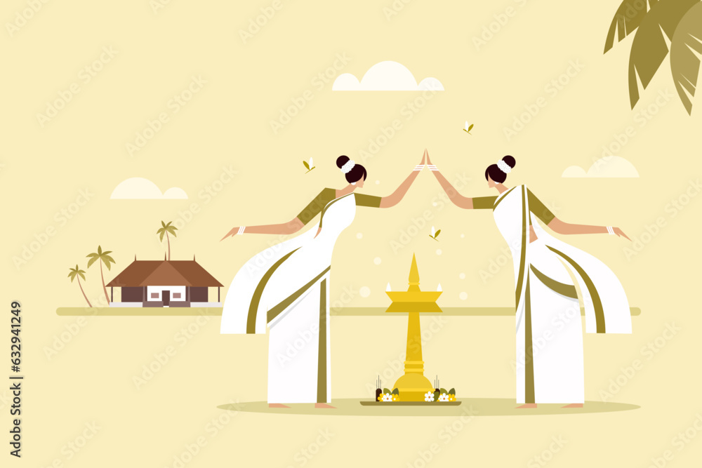 Illustration of women performing 'Thiruvathira' dance. Concept for Onam festival in Kerala ...