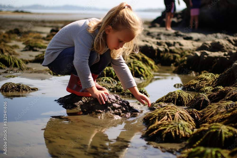 Exploring tide pools by the ocean, discovering marine wonders, family ...