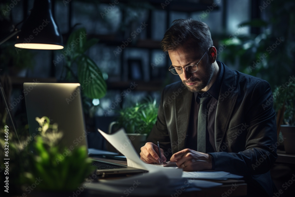 Investigative journalist analyzing evidence in a dimly lit room ...