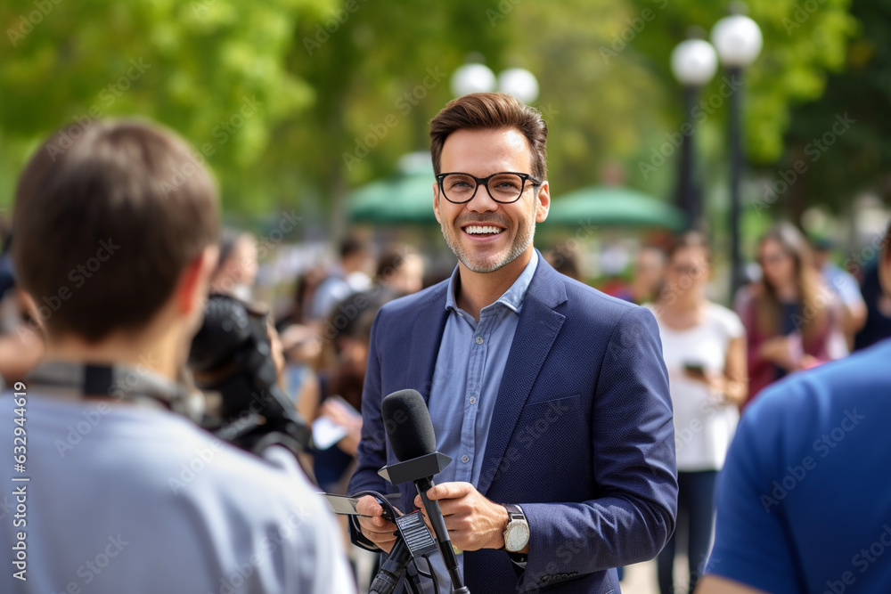Journalist conducting an interview in a park, capturing candid moments ...