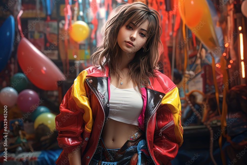 pretty woman look cool in colorful leather jacket with color splash ...