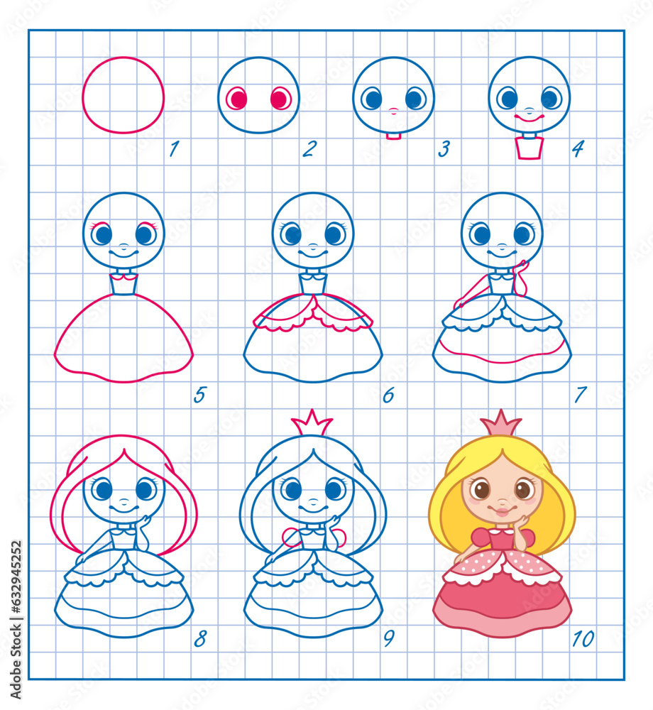 How to Draw Princess, Step by Step Lesson for Kids cartoon vector ...