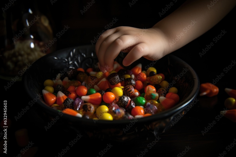 Child's hand reaching into a bowl of candy, trying to choose their ...