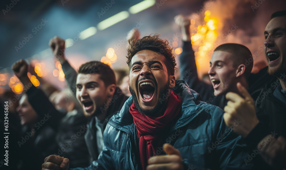 Football hooligans in game. aggressive soccer fans shouting and booing ...