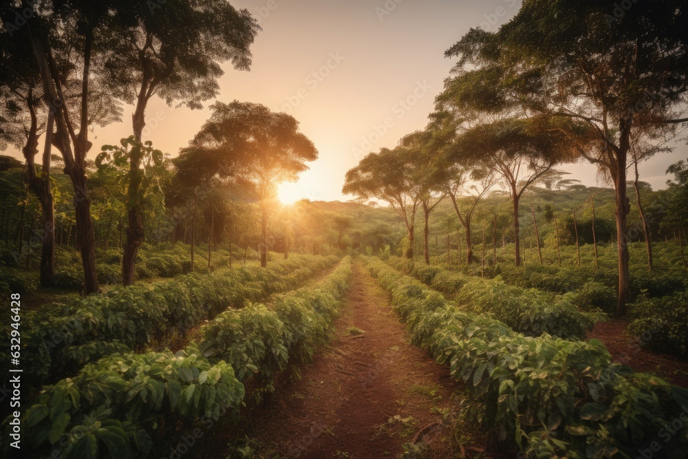 A coffee farm, with rows of coffee trees stretching into the distance ...