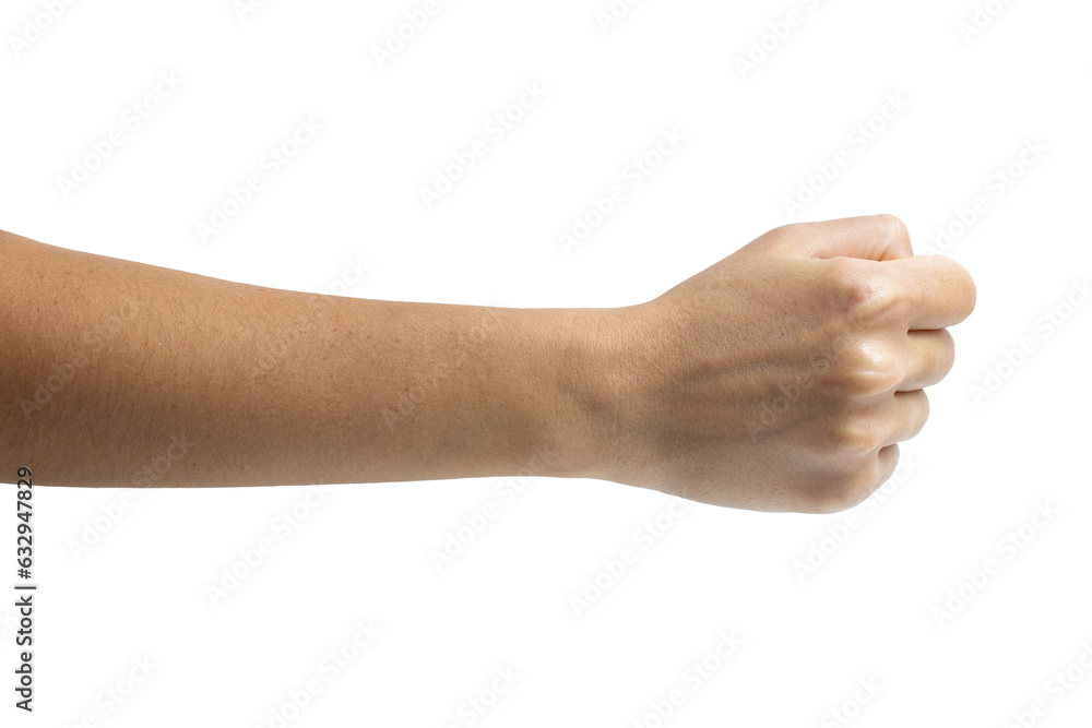 Woman hand shows wrong fist gesture isolated on white background, with ...