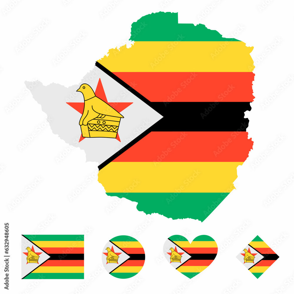 Vector Of Zimbabwe Map Flag With Flag Set Isolated On White Background