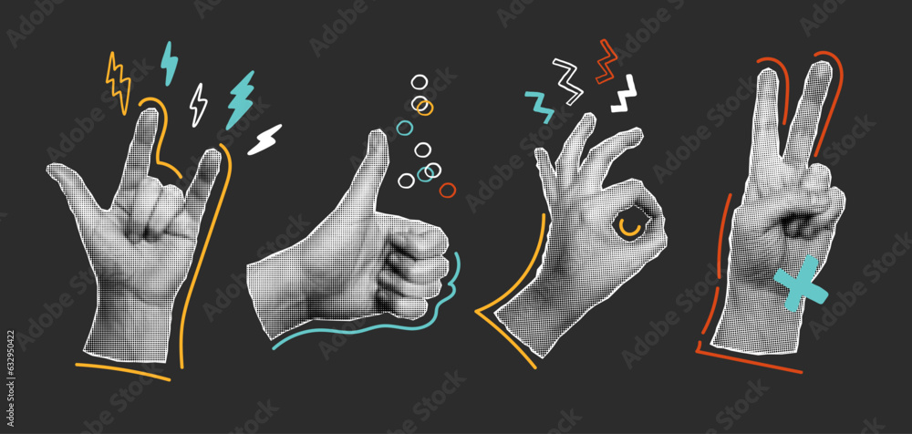 Poster Popart collage grunge set with hands gestures cutout paper ...
