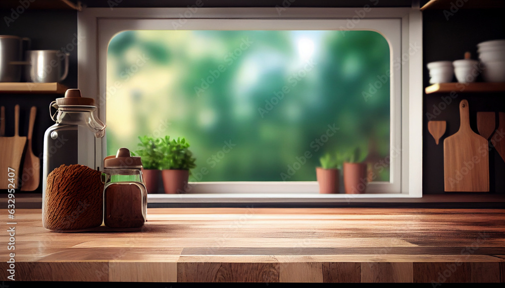 Wooden texture table top on blurred kitchen window background. For ...
