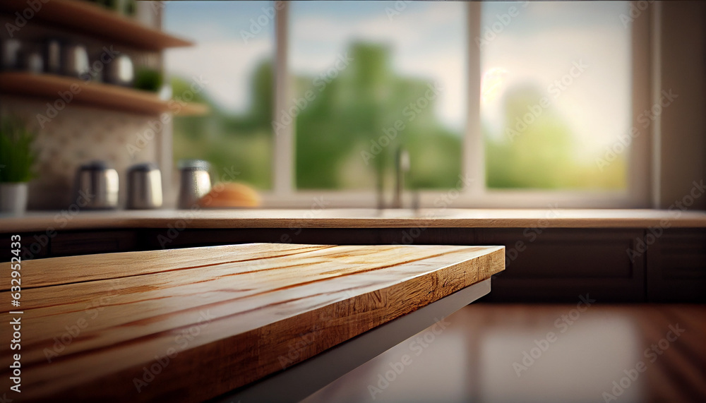Wooden texture table top on blurred kitchen window background. For ...