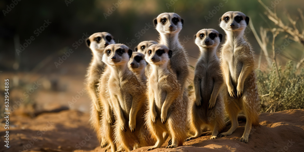 Group of meerkats looking at distance in the steppe,close-up view ...