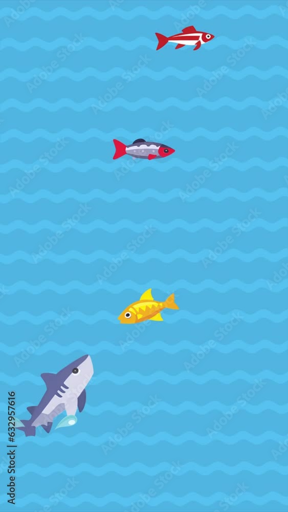 Marine life cartoon background loop. Fish, dolphin and shark swim and ...