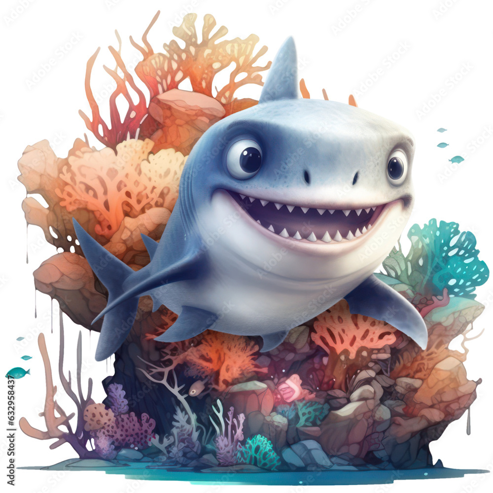 Cute baby shark with coral reef cartoon illustration, funny underwater ...