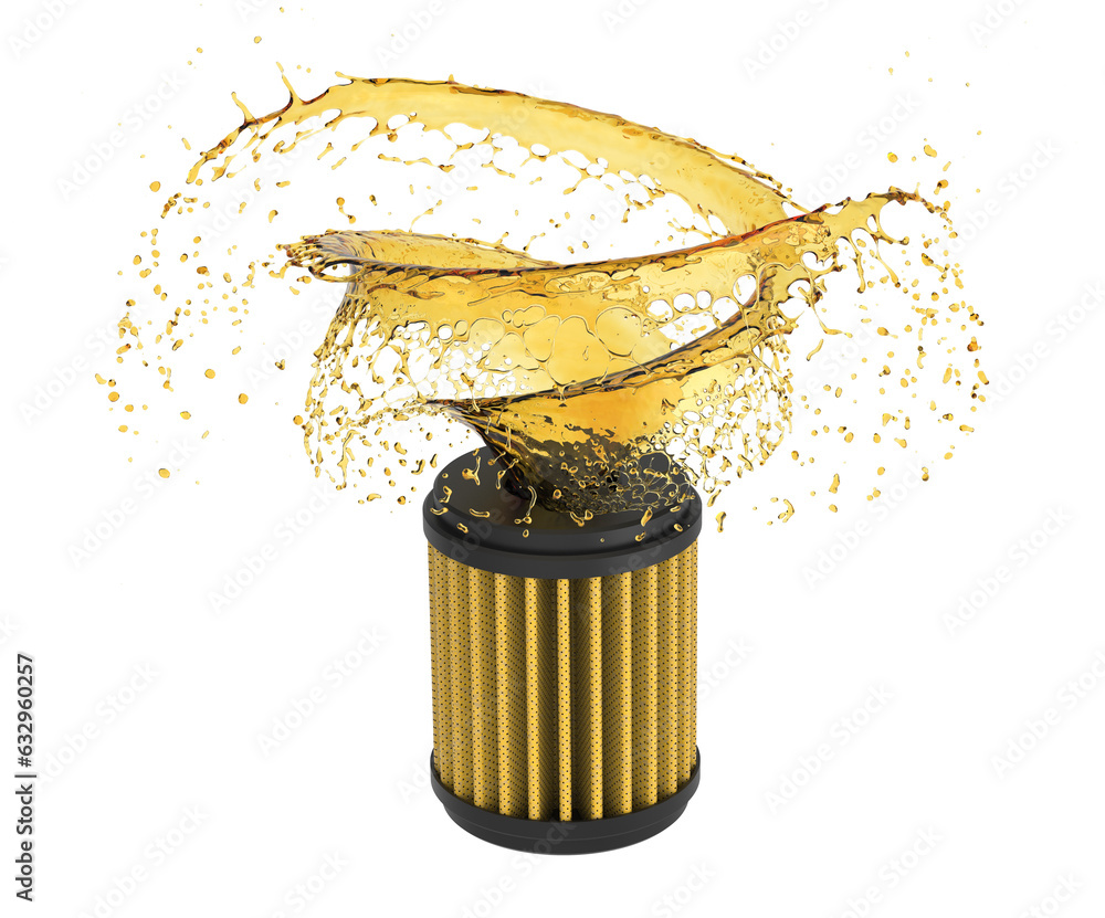 Cartridge oil filter with oil splash on transparent background. Concept ...