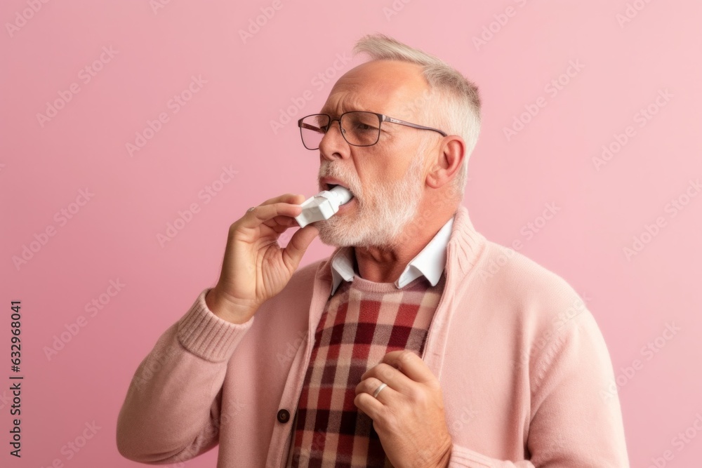 Lifestyle portrait photography of a man in his 50s using an inhaler to ...