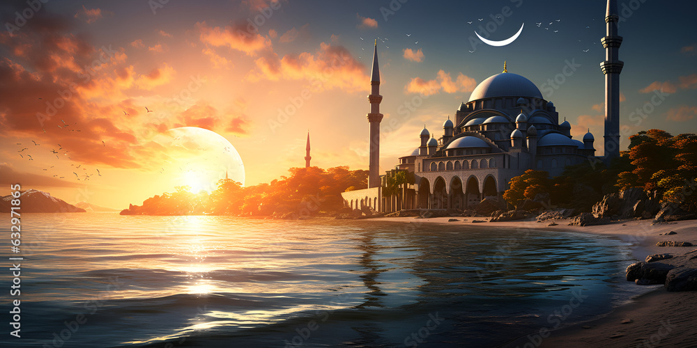 Beautiful mosque landscape sunset sky for Islamic background Stock ...