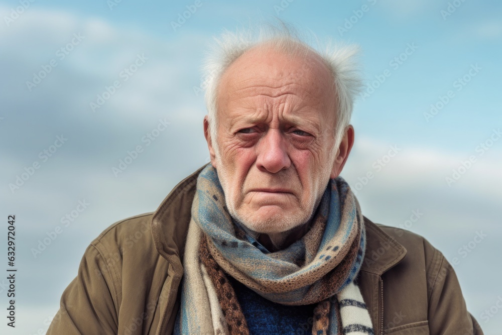 Group portrait photography of a man in his 60s with a pained and tired ...