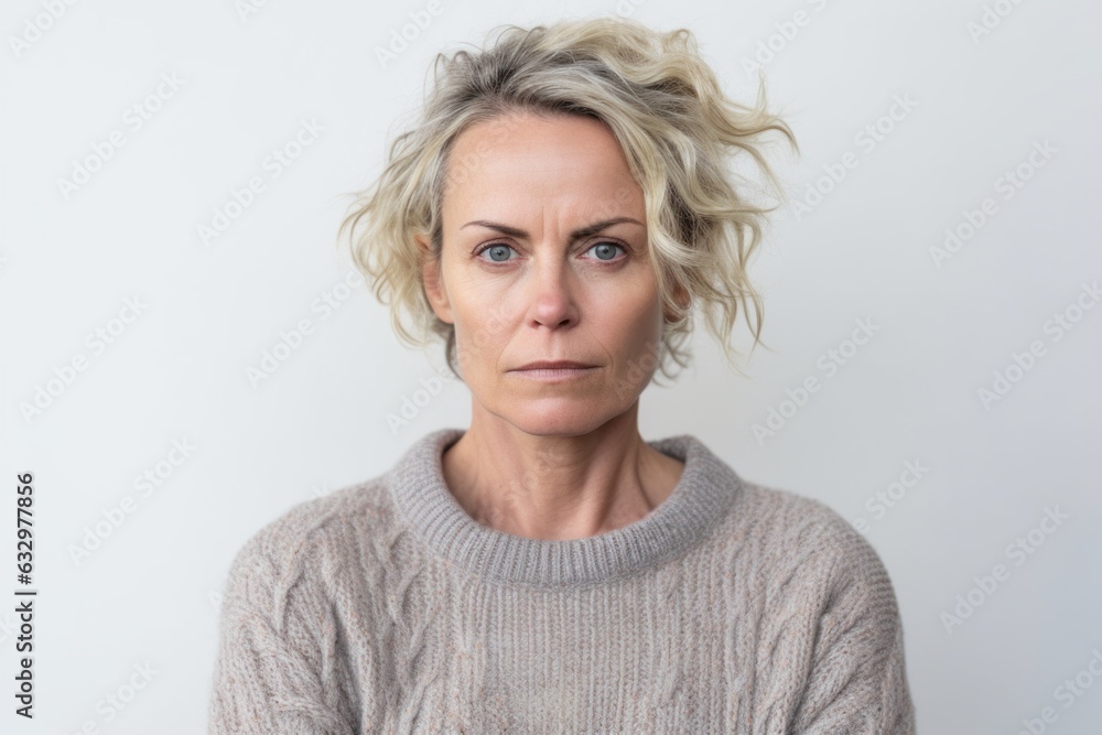 Lifestyle portrait photography of a woman in her 40s with a somber and ...