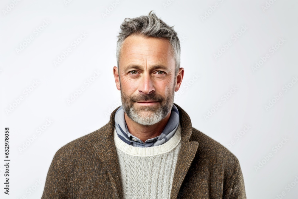 Lifestyle portrait photography of a man in his 40s with a somber and ...