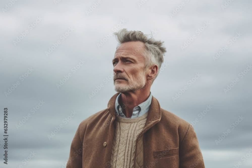 Medium shot portrait photography of a man in his 50s with a somber and ...
