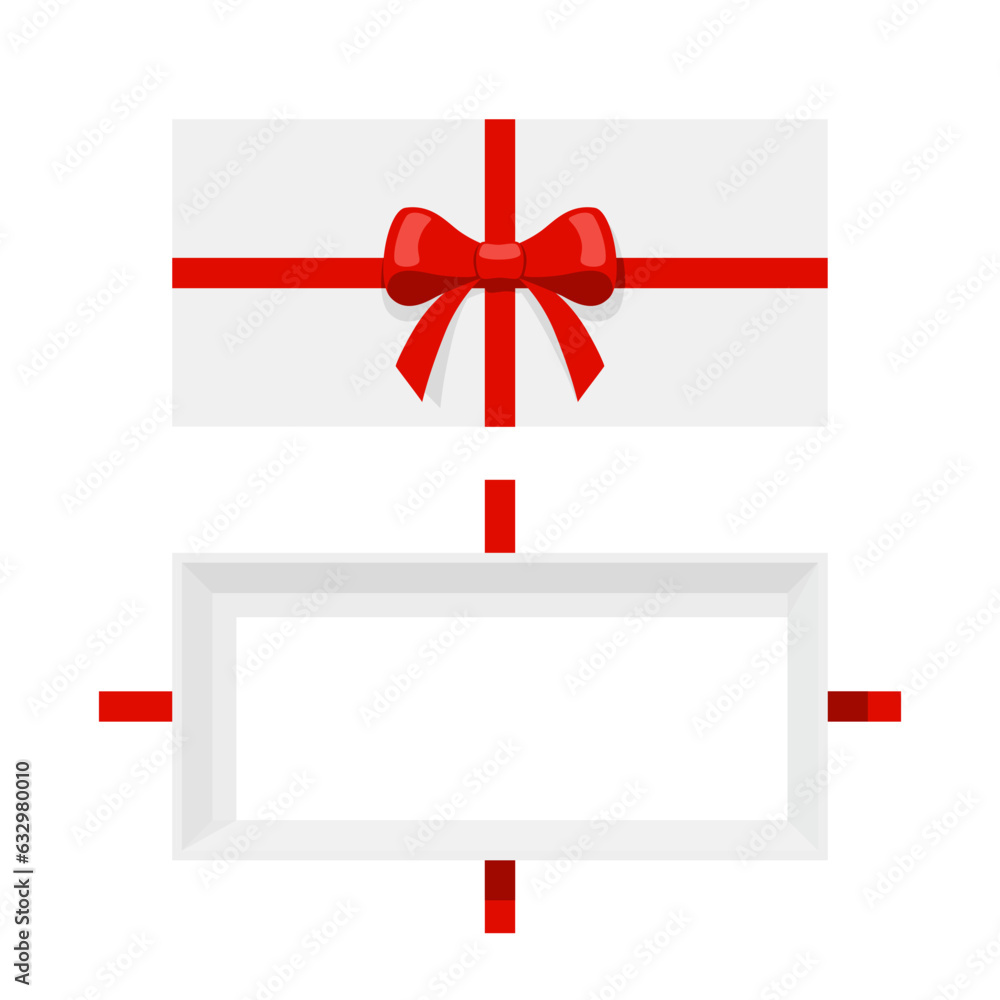 Open a long mystery gift box with a red ribbon on isolated white ...