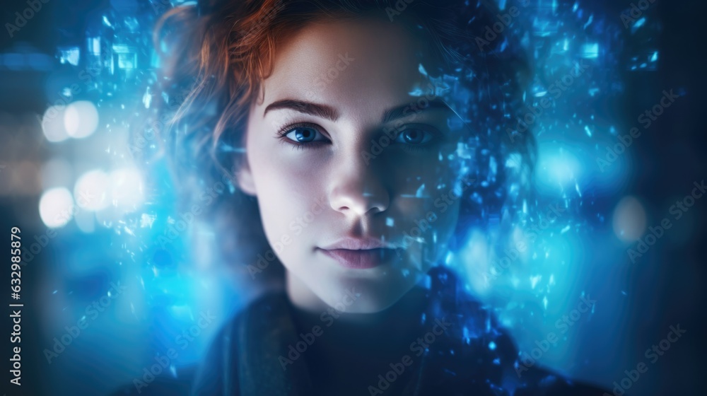 Dramatic bold closeup portrait of metahuman female in perfect synergy ...