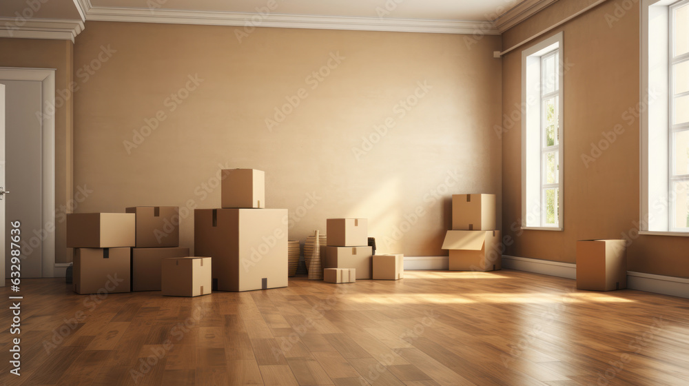 Eempty room with cardboard boxes. Moving , realistic photo in a modern ...
