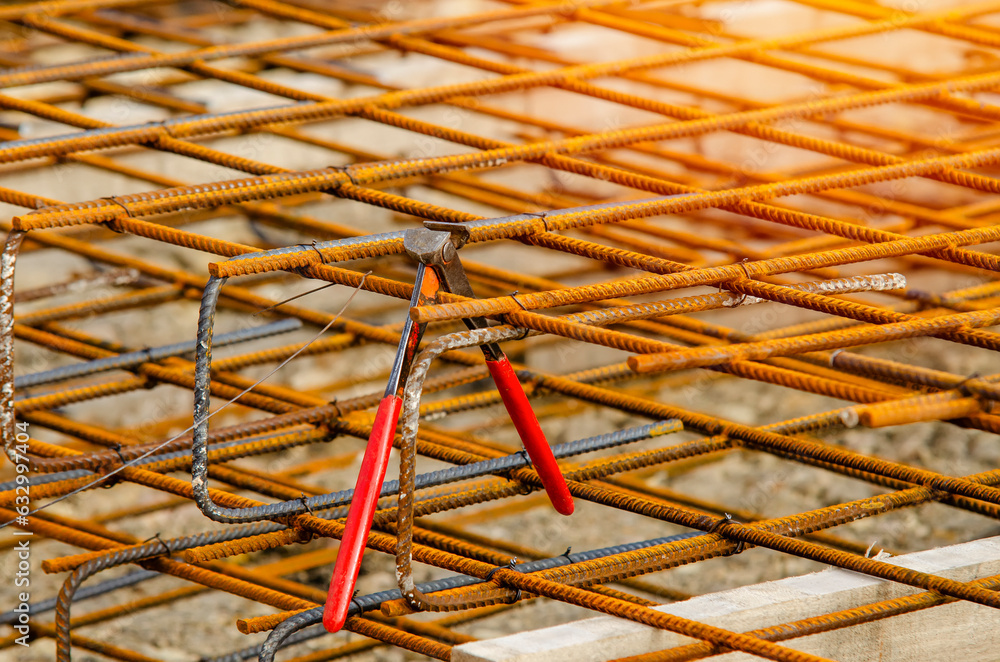 Close-up of steel reinforcement cage assembled by steel fixer and ready ...