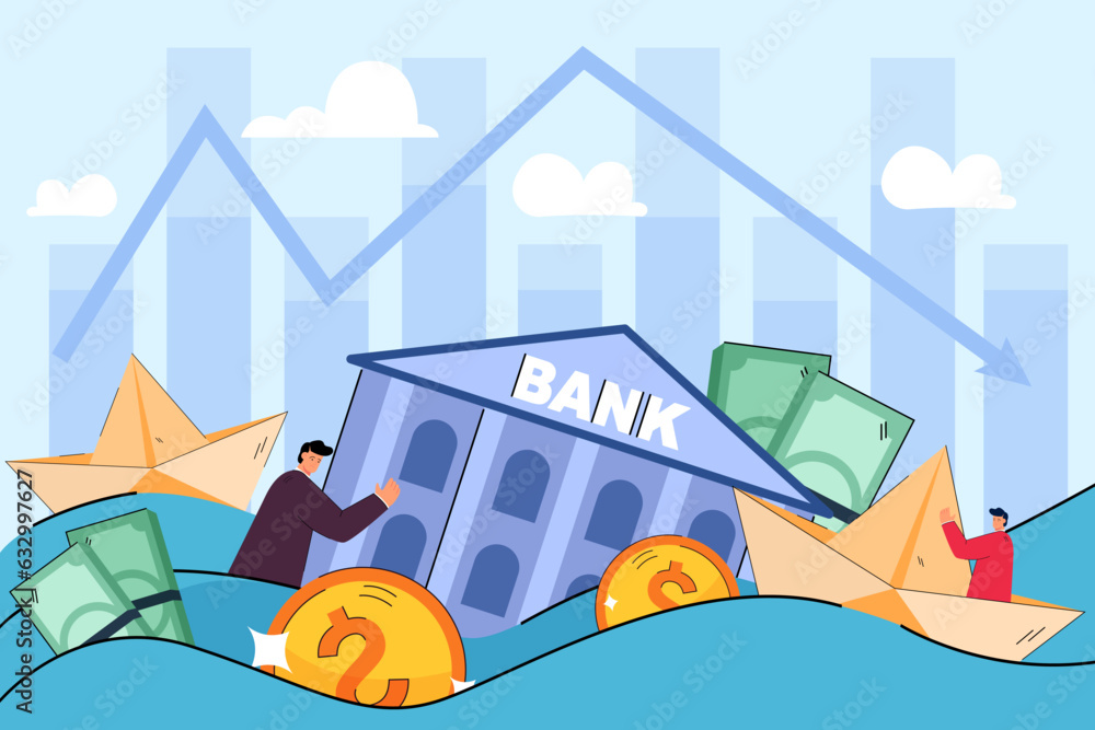 Bank drowning in water with money vector illustration. Scared ...