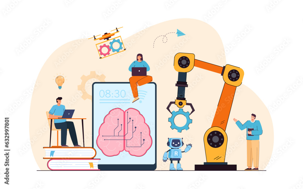 AI robots in industrial revolution vector illustration. People training ...