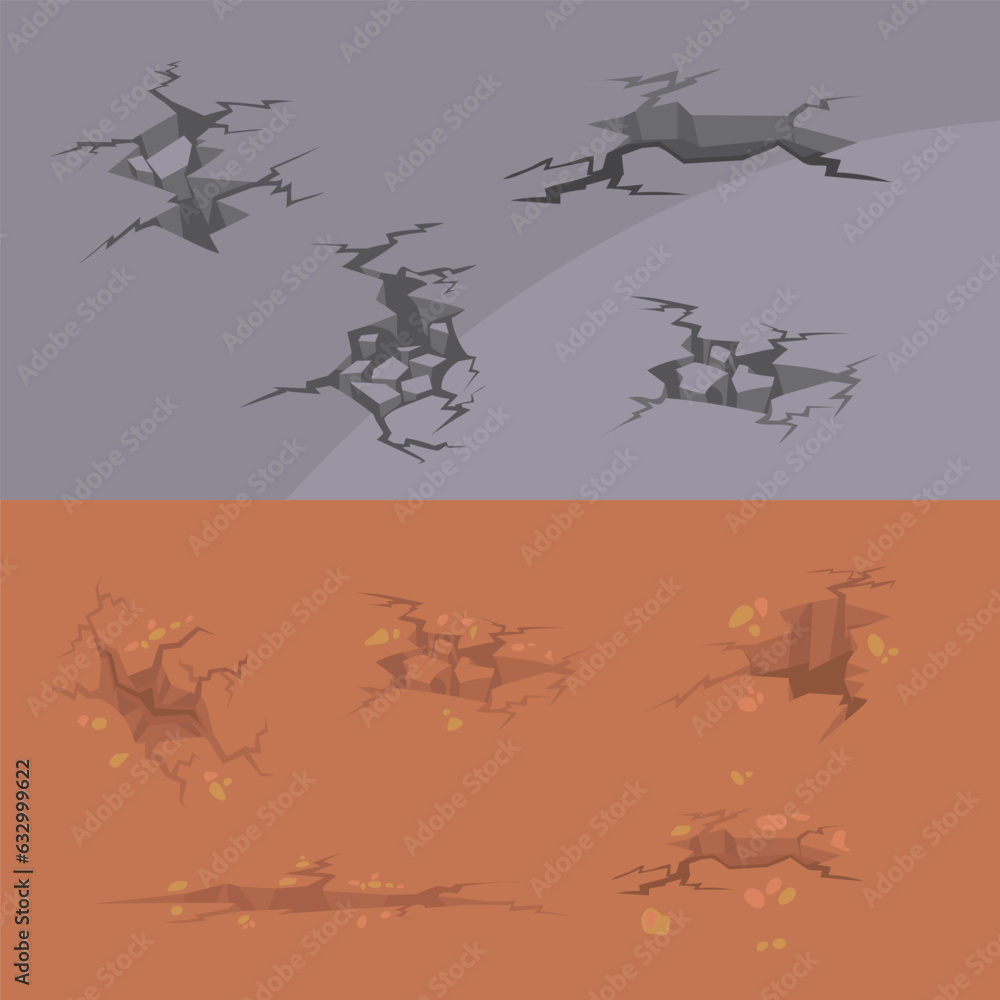 Cracked wall after earthquake vector illustrations set. Different ...