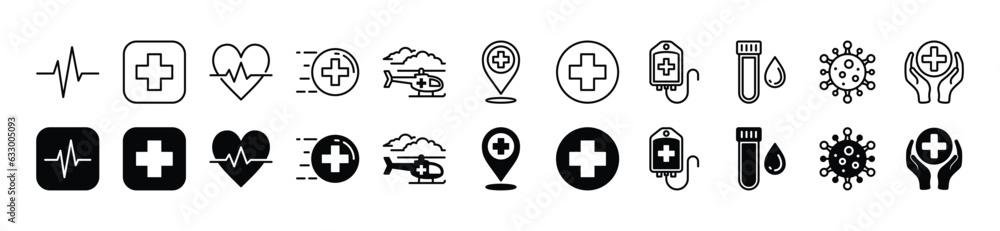 Medical care line and flat icons set. Medicine and Health care icon ...