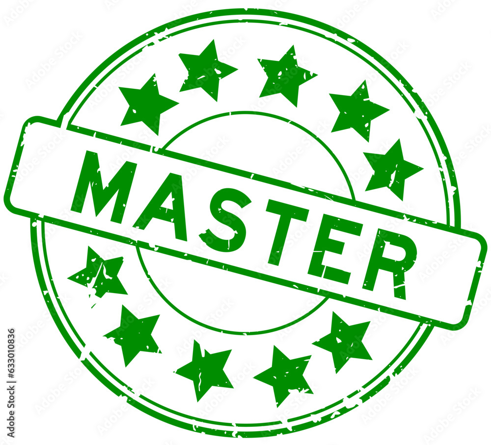 Grunge green master word with star icon round rubber seal stamp on ...