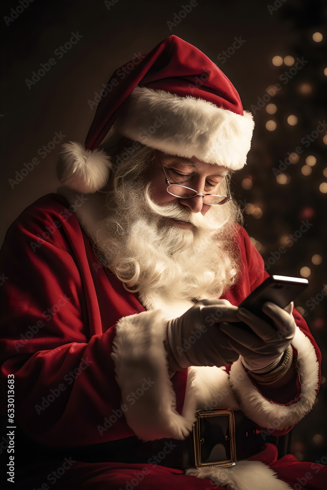 Foto de santa claus holding phone texting in front of christmas tree do ...