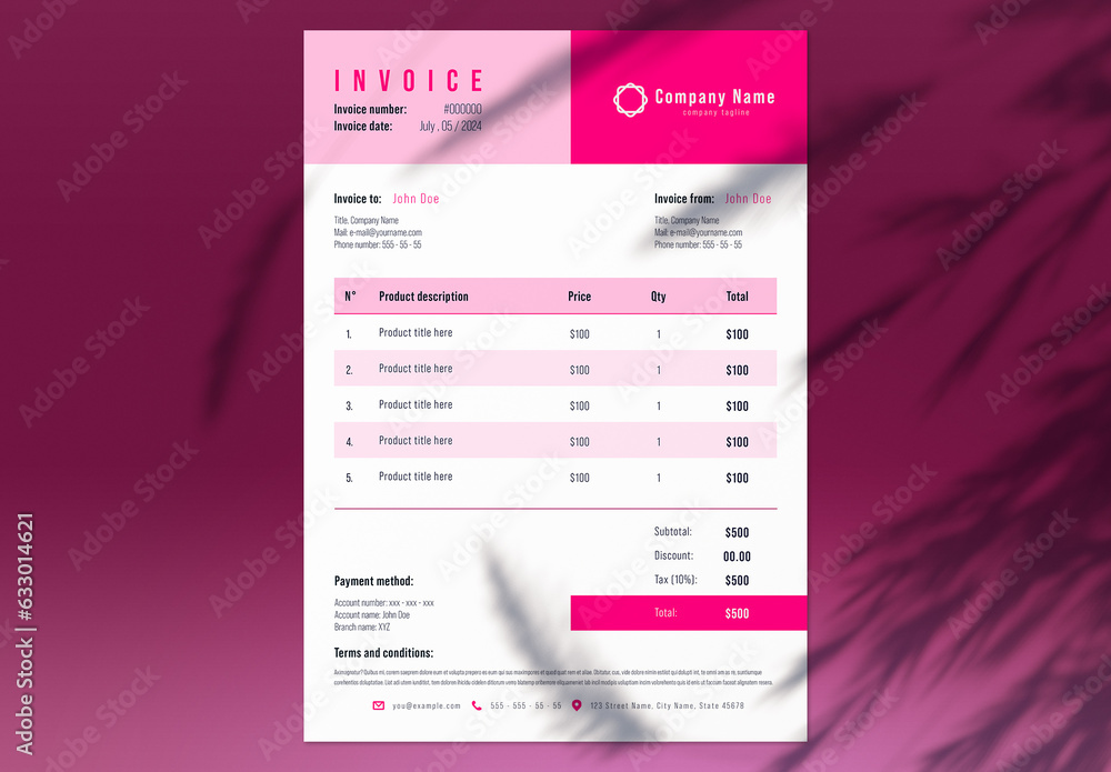 Modern Invoice Layout with Pink Accents Stock Template | Adobe Stock