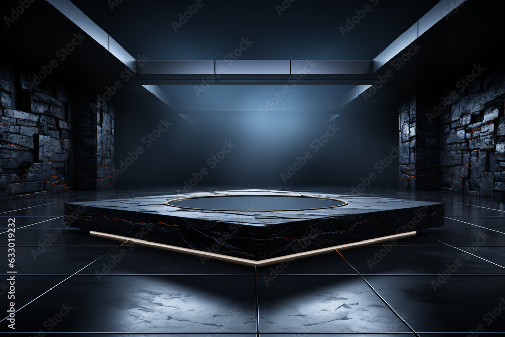 An imposing black platform display stands vacant in a dark room ...