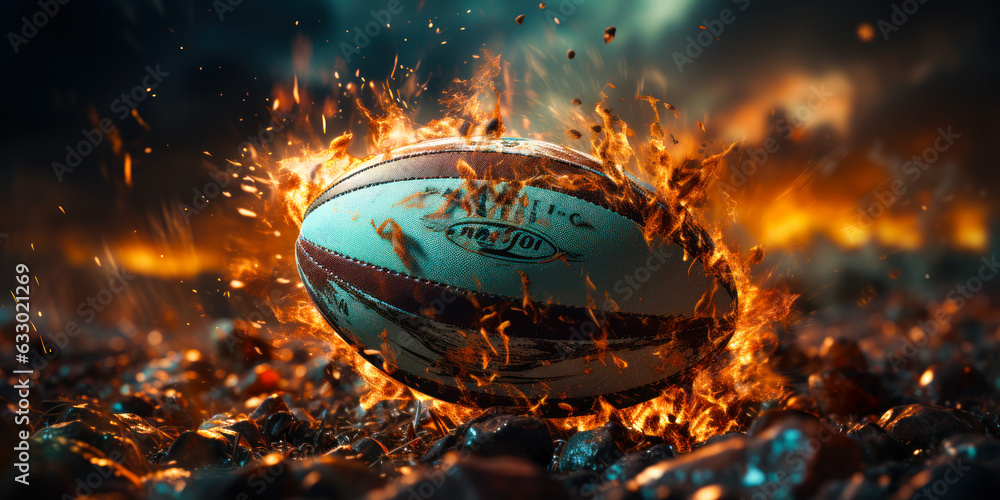 Intense Competition: Rugby Ball on Fire, 2023 Rugby World Cup Concept ...