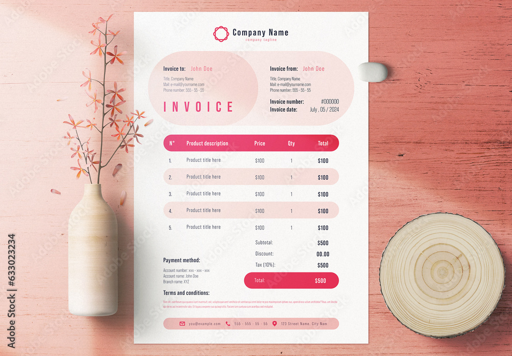 Modern Invoice Layout with Pink Accents Stock Template | Adobe Stock