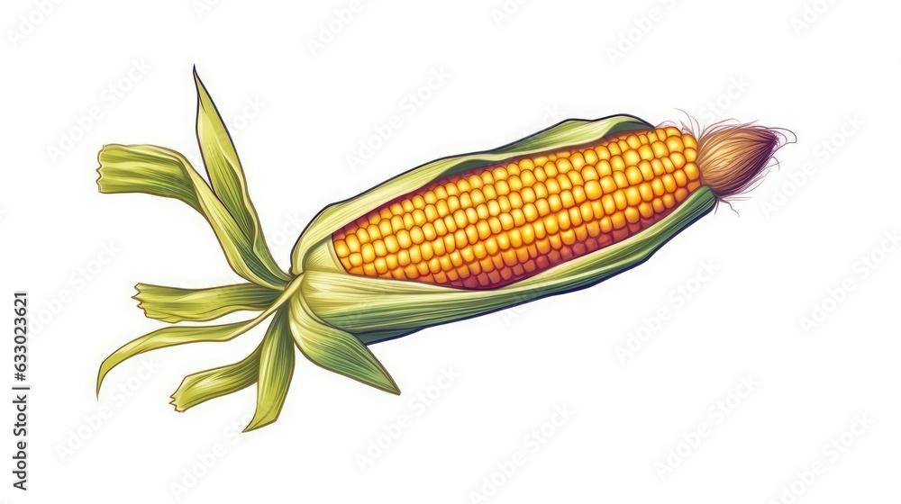 On a white backdrop, a cartoon illustration of a corn cob. An ear of ...