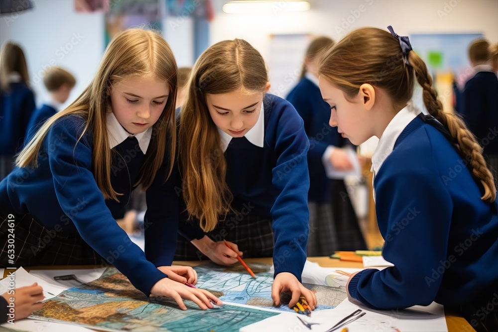 Student learning in school classroom, focused and concentrated, wearing ...